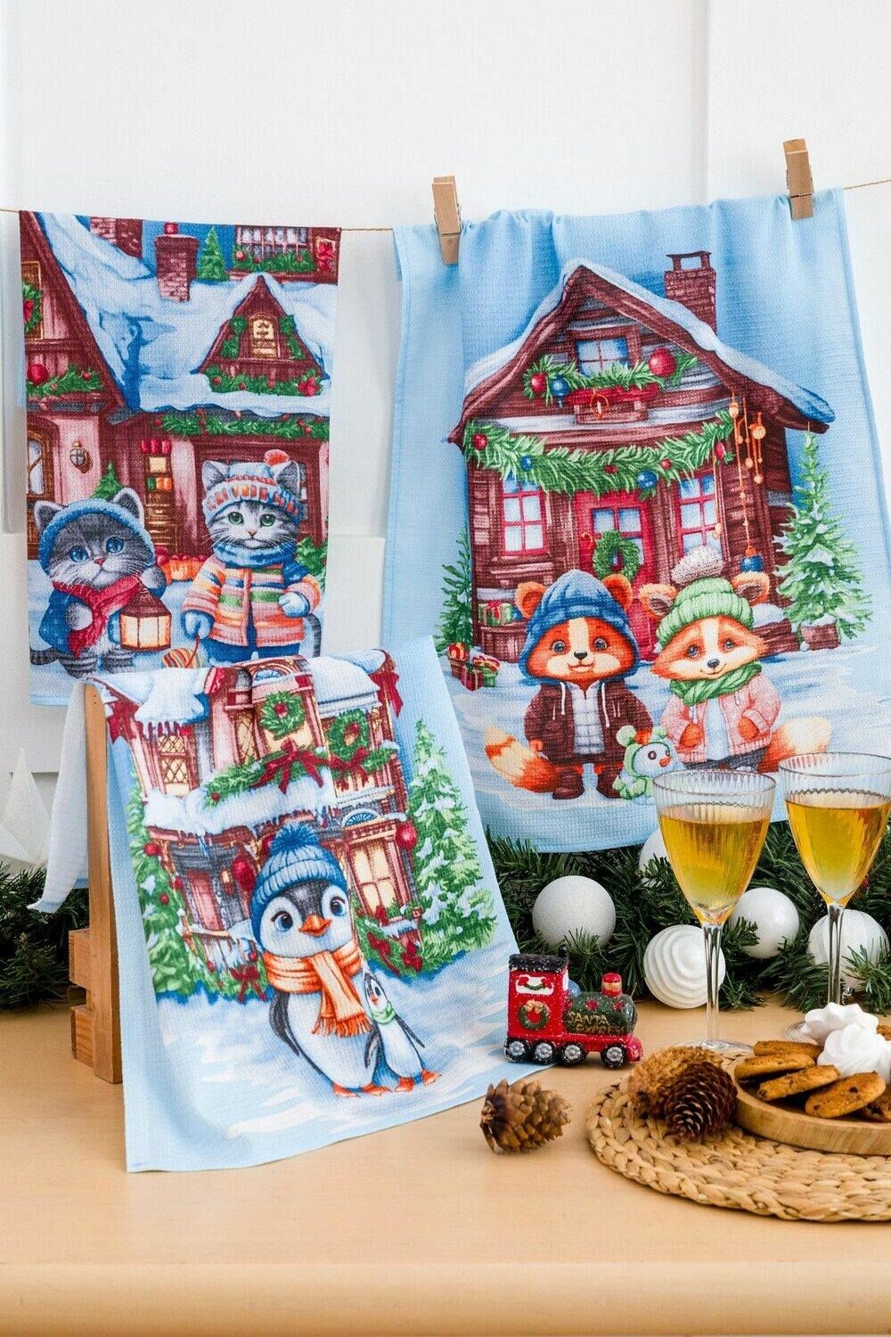 Набор кухонных полотенец Любимые сказки Деда Мороза, 48*60 см, 3 шт, Хлопок, Вафельное