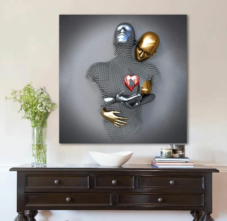 Картина в спальню, мужчина и девушка, Металлическая любовь, 70х70 см.