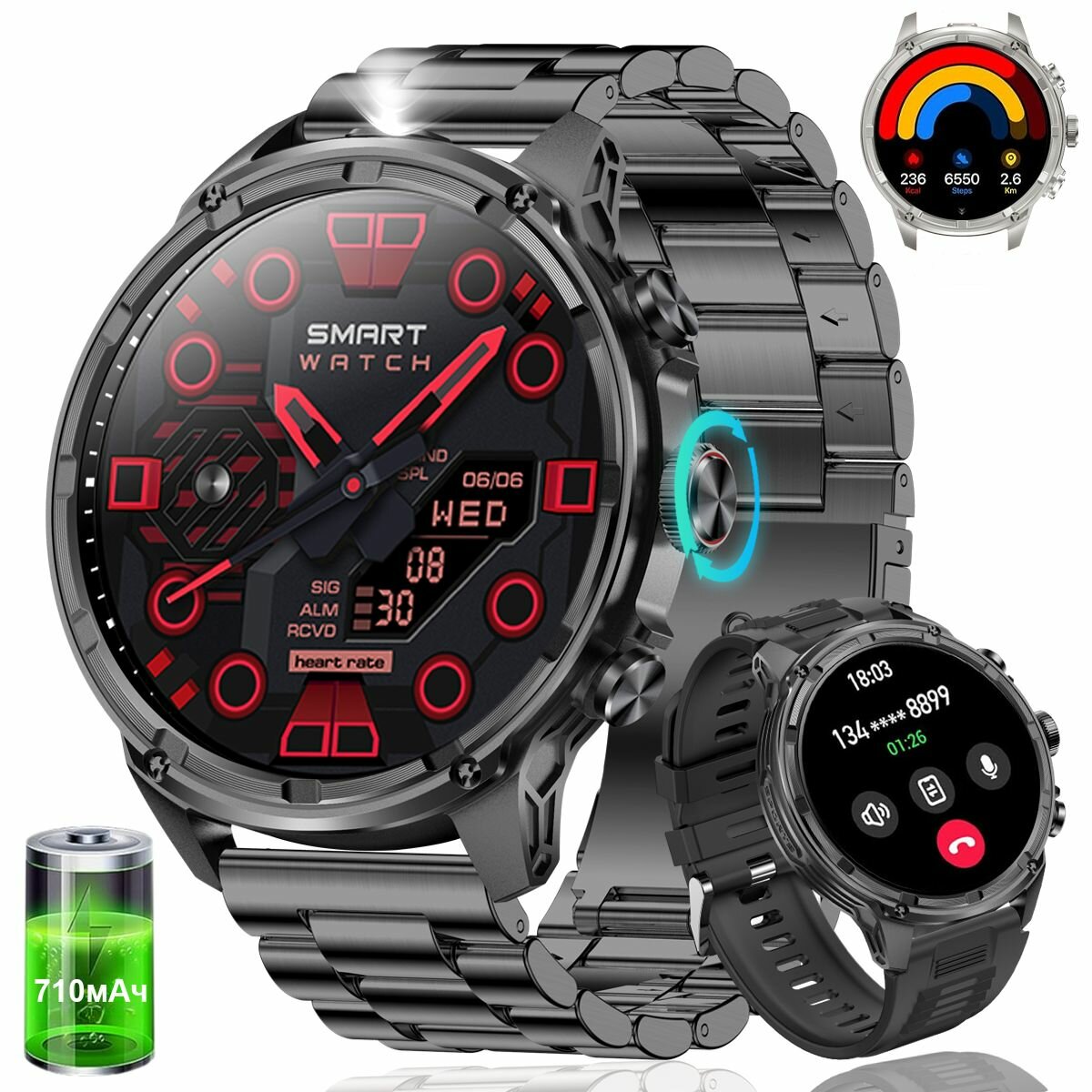 Мужские умные часы со светодиодным фонариком, 1.85'IPS экран, спортивные smart watch, аккумулятор 710 мАч, монитор сердечного ритма/SpO2/сна, фитнес-трекер для Android iOS,