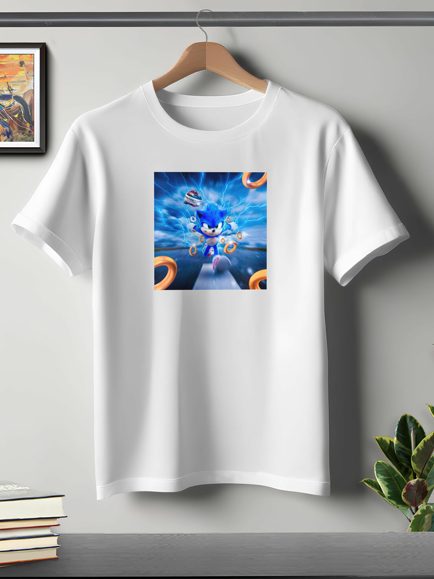 Футболка  Детская ONEQ 122 (7-8) размер с принтом Соник, белая