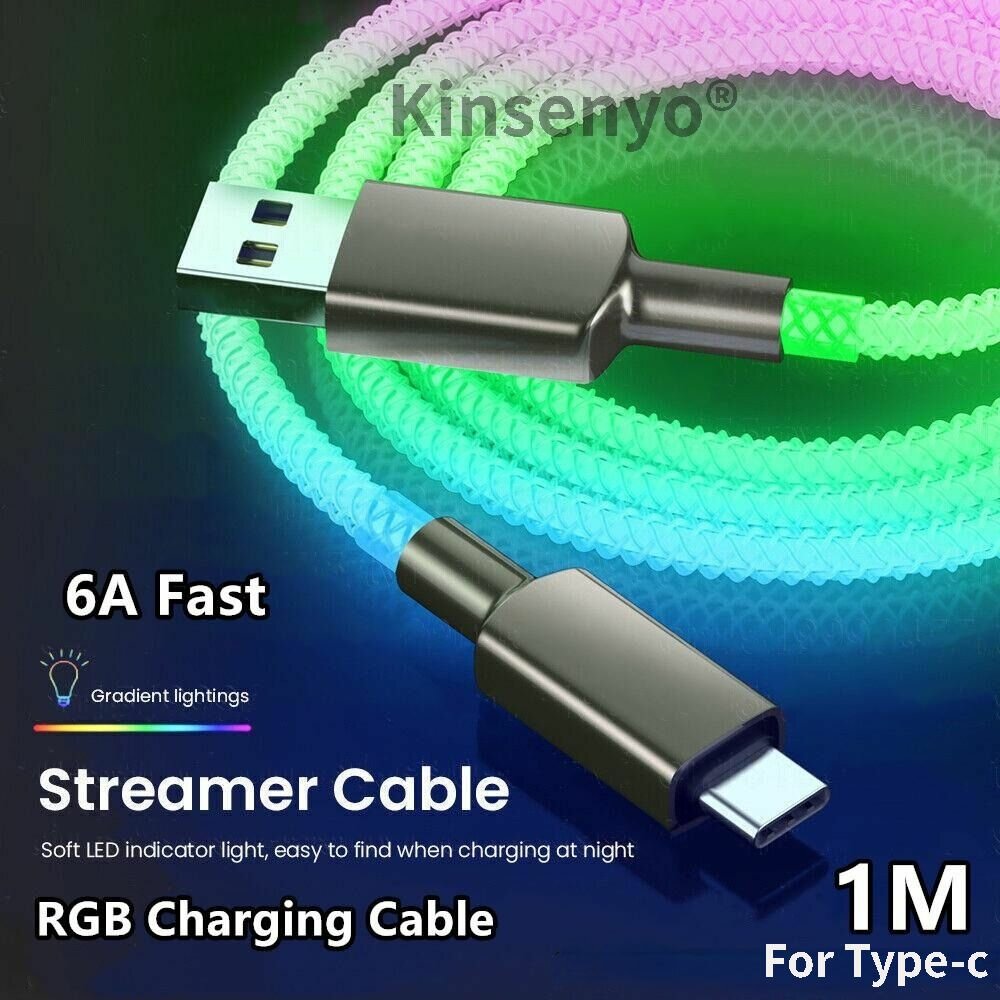 USB Type-C кабель с RGB подсветкой 1 метр, быстрая зарядка 66 Вт, передача данных, прочный, совместим с Huawei Xiaomi Samsung