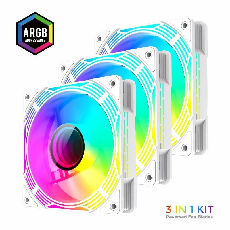Комплект вентиляторов GameMAX KF300R WH (Reverse!) 3*12cm Rainbow ARGB, 3pin AURA & 4pin PWM Power