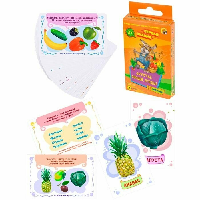 Обучающая игра Рыжий кот "Первые знания", Фрукты, овощи, ягоды, 36 карточек