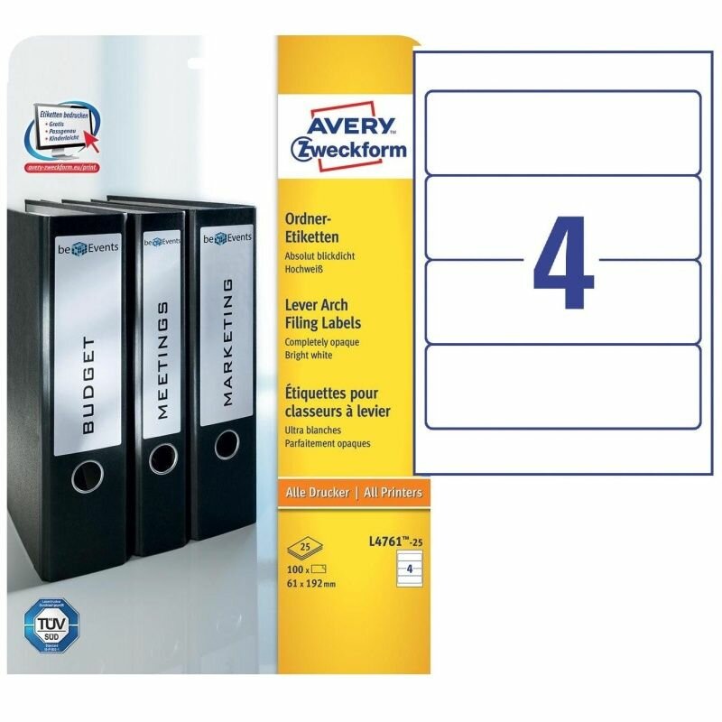 Этикетки самоклеящиеся Avery Zweckform Для папок-регистраторов, белый, 61х192 мм, 100 шт