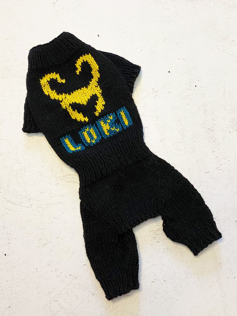 Вязаный шерстяной комбинезон Локи для собак малых пород (Handmade) / XL (ДС 36см, ОГ 42см)