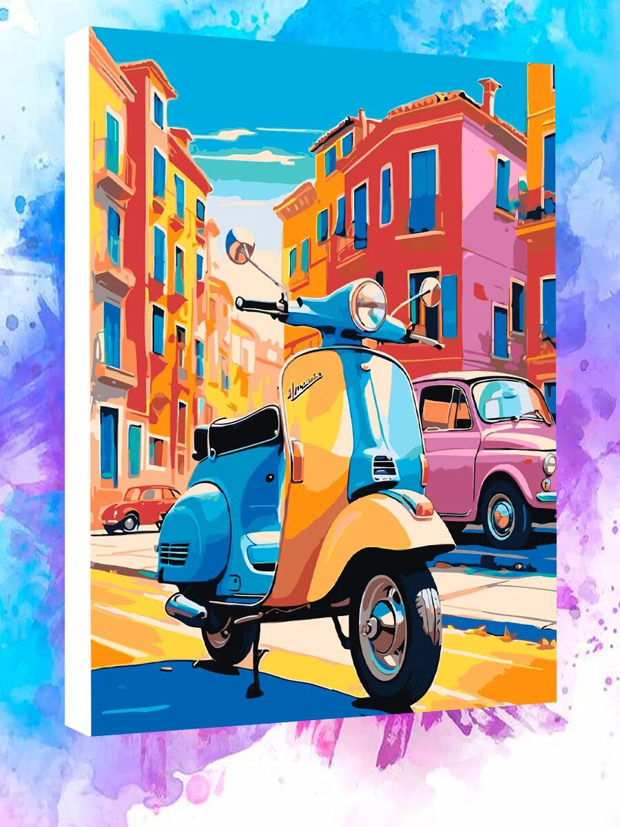 Картина по номерам Мотоцикл-Автомобиль-Город-Улица-Закат