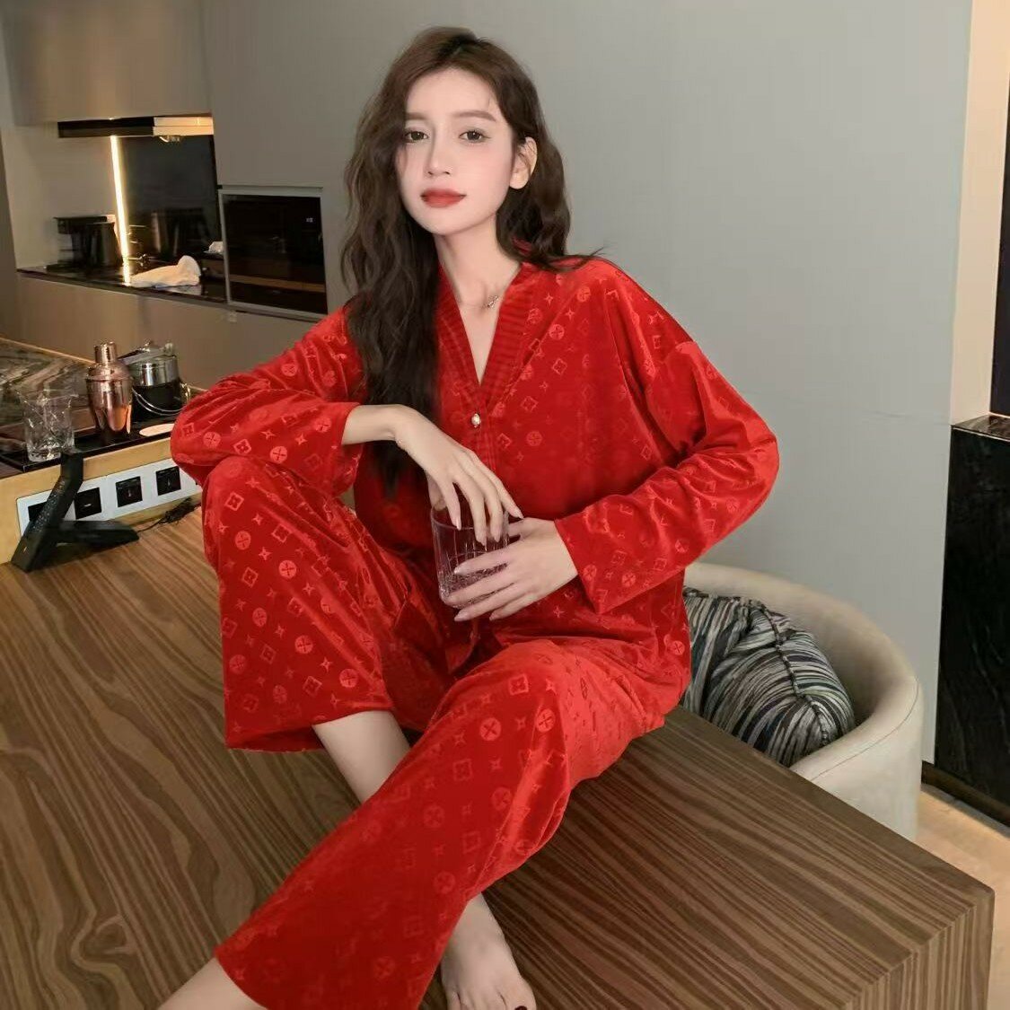 Женский комплект из двух предметов, кардиган с длинными рукавами и золотым ромбовидным узором в стиле принцессы на весну и осень. Домашняя одежда, размер: XL