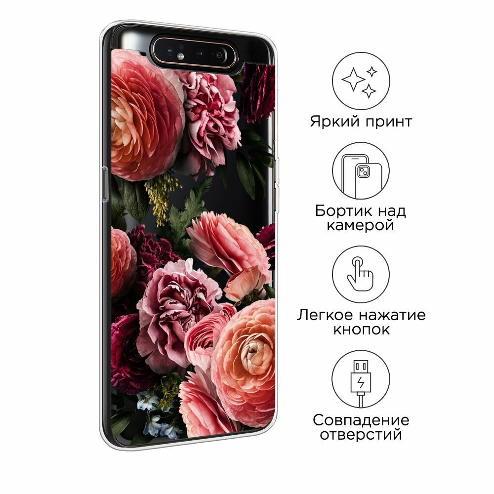 Чехол на Samsung Galaxy A80 / Самсунг Гэлакси A80 с принтом "Бордовые винтажные цветы", прозрачный — фото 1