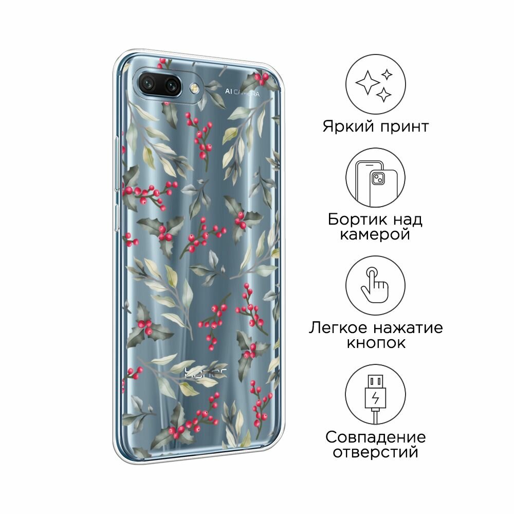 Чехол на Honor 10 / Хонор 10 с принтом Зимние ягоды паттерн, прозрачный — фото 1
