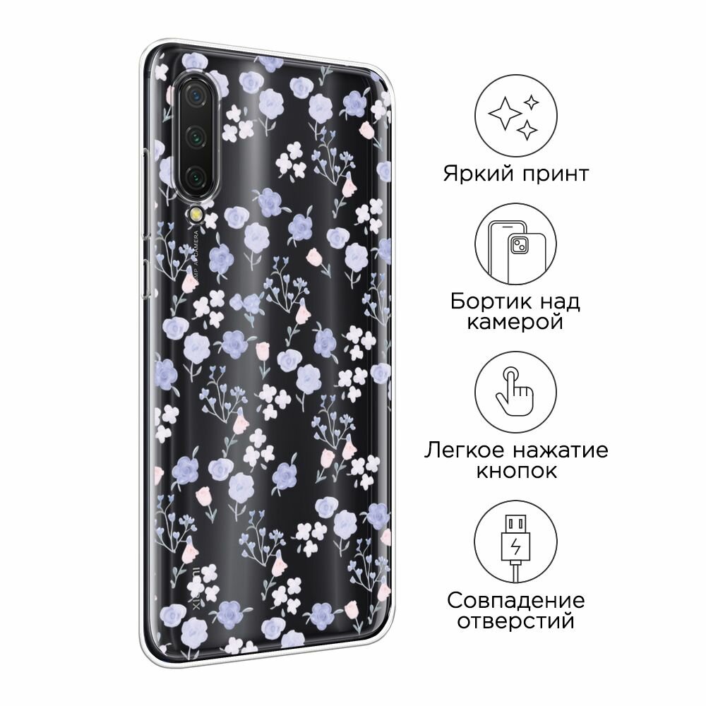 Чехол на Xiaomi Mi CC9/A3 Lite/9 Lite / Сяоми Mi CC9/A3 Lite/9 Lite с принтом "Сиреневые розы паттерн", прозрачный — фото 1