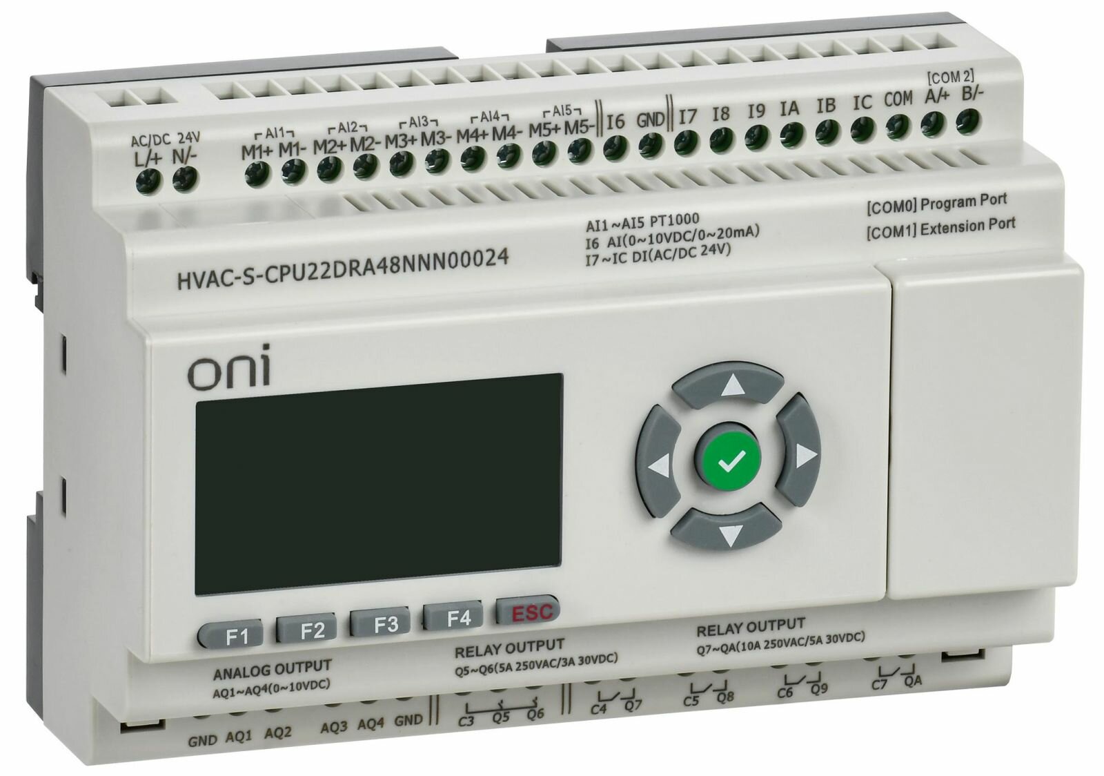 Программируемый контроллер ONI HVAC S, ЦПУ, 6DI, 6DO, 1AI, 5PT, 4AO, LED дисплей, RS485, 24 В, DC, расширяемая версия