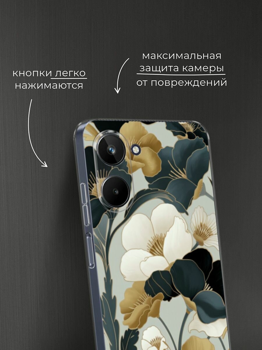 Чехол на Realme 10 4G / Реалми 10 4G с принтом Золотые и белые цветы — фото 1