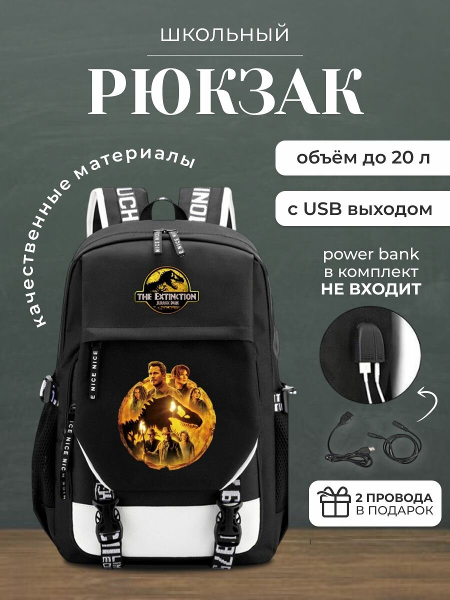 Рюкзак "Мир Юрского Периода", USB-выход, для мальчиков, черный, 40x30x20 см