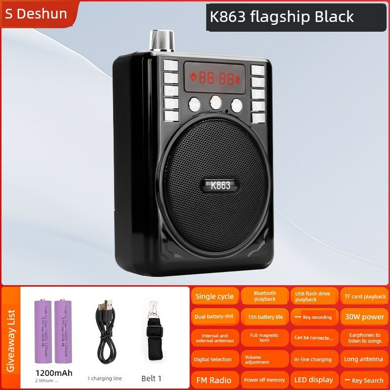 Портативное радио Deshun K863 для пожилых, MP3 плеер с TF картой, FM-радио, запись, черный, 2 батареи, ремешок