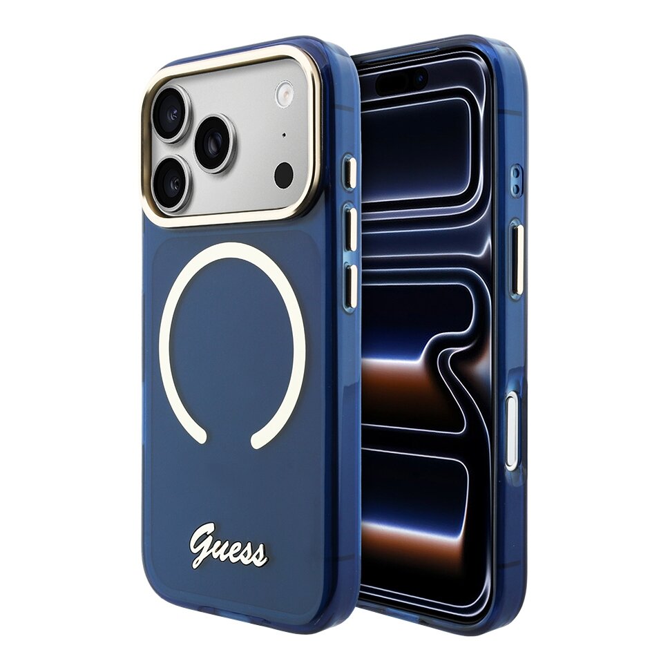 Guess чехол с MagSafe для iPhone 17 Pro Max, IML Script Metal logo and Camera, синий