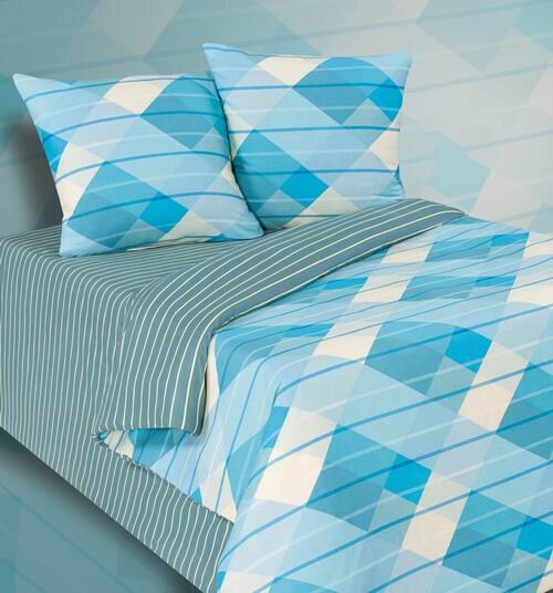 Постельное белье евро Экзотика, поплин 100% хлопок белые и голубые ромбы
