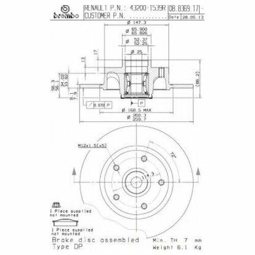 Диск тормозной Brembo 08B36917 для Renault Fluence, Megane III