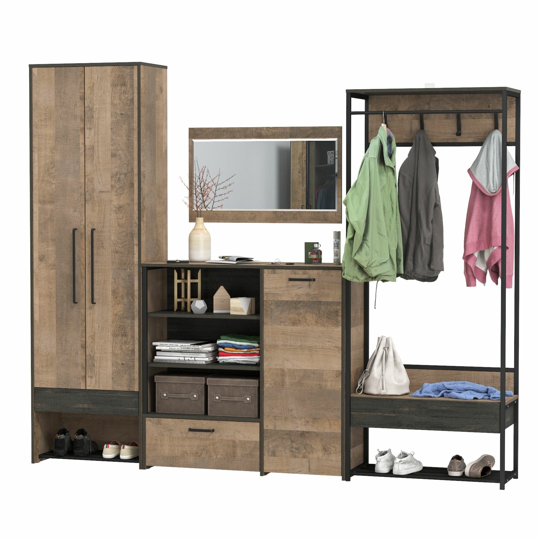 Прихожая модульная в стиле лофт Трувор № 234, цвет дуб гранж песочный/интра, ШхГхВ 252,2х37х210 см.