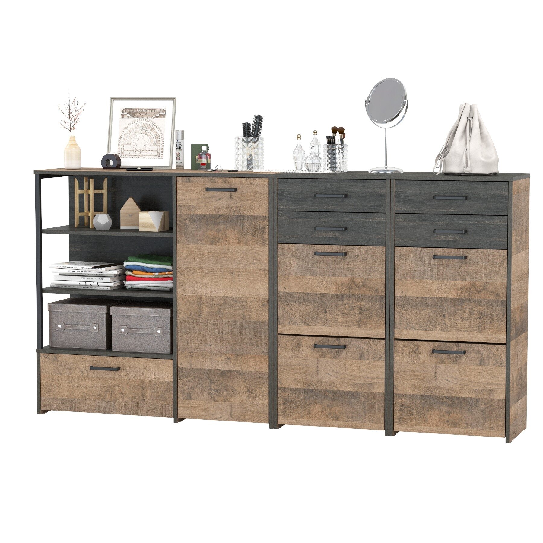 Две высоких тумбы для обуви и тумба-комод Трувор, цвет дуб гранж песочный/интра, ШхГхВ 209х37х106,9 см.