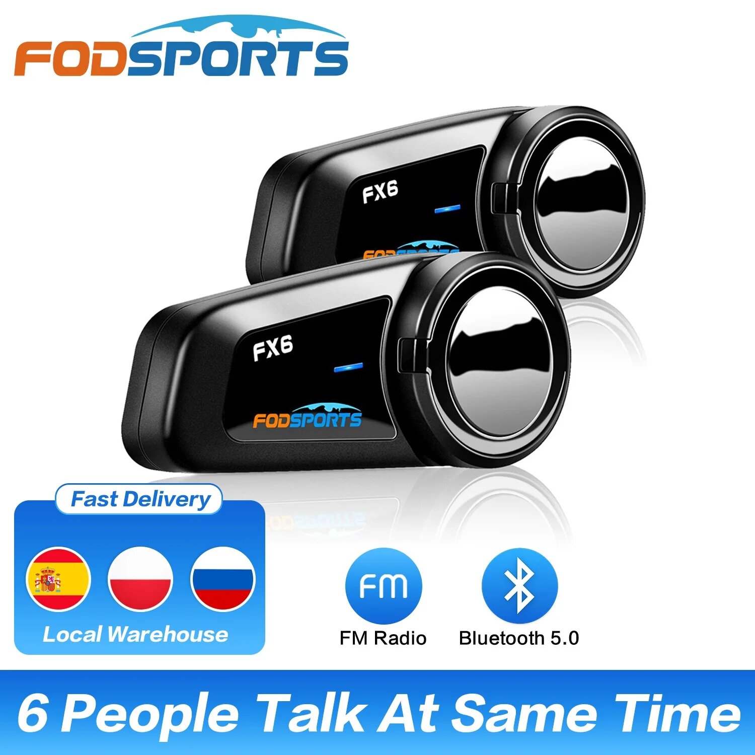 2 шт. Мотоциклетная Bluetooth-гарнитура Fodsports FX6, беспроводная шлемовая гарнитура, 6 гонщиков, FM-радио.