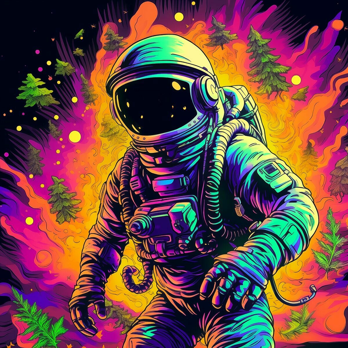 Флуоресцентная интерьерная картина на ткани с ярким рисунком "Breakaway Astronaut" - Арт панно фон, полотно на стену, светящийся в УФ ультрафиолете LED неоне гобелен, современный настенный декор