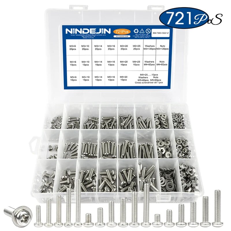 NINDEJIN набор винтов M3 M4 M5 нержавеющая сталь M3 M4 M5 721pcs
