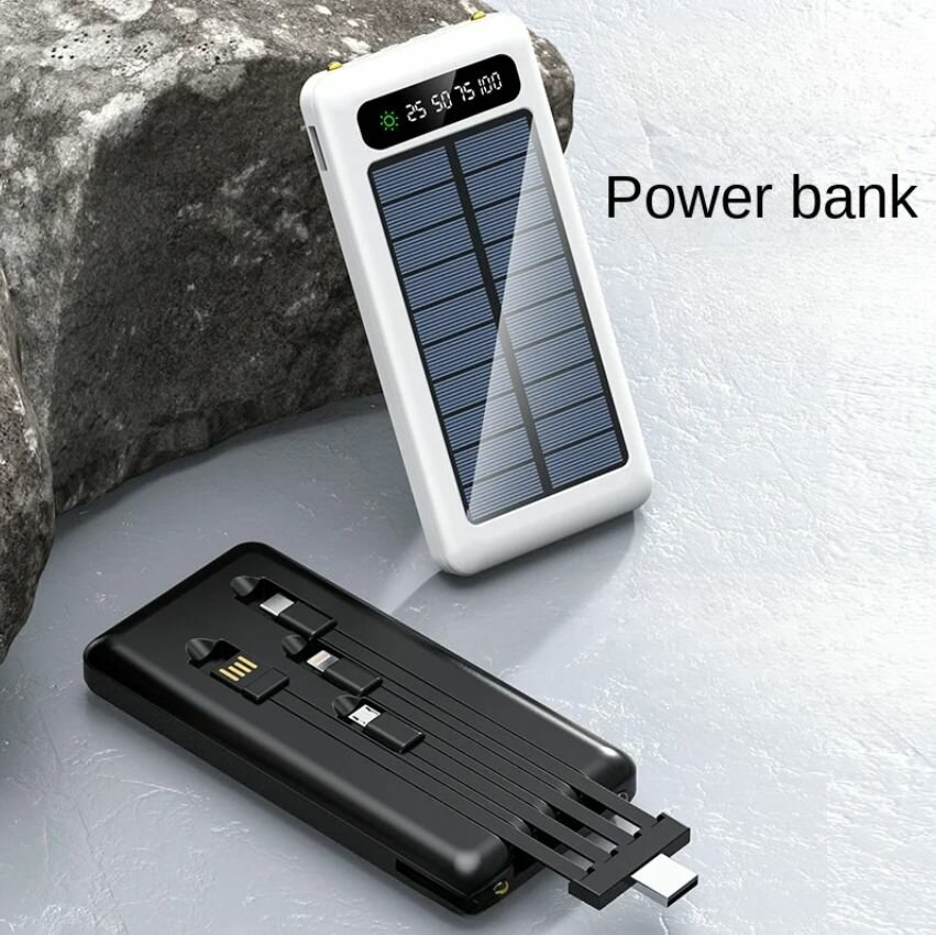 Powerbank Oarimon 20000 мАч с индикацией, с фонариком, 4 встроенных кабеля; Micro USB, Type-C, Lightning, USB,