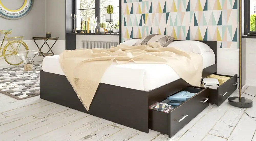 Двуспальная кровать с ящиками СВК Стандарт 160х200см ЛДСП цвет венге, без матраса, с основанием