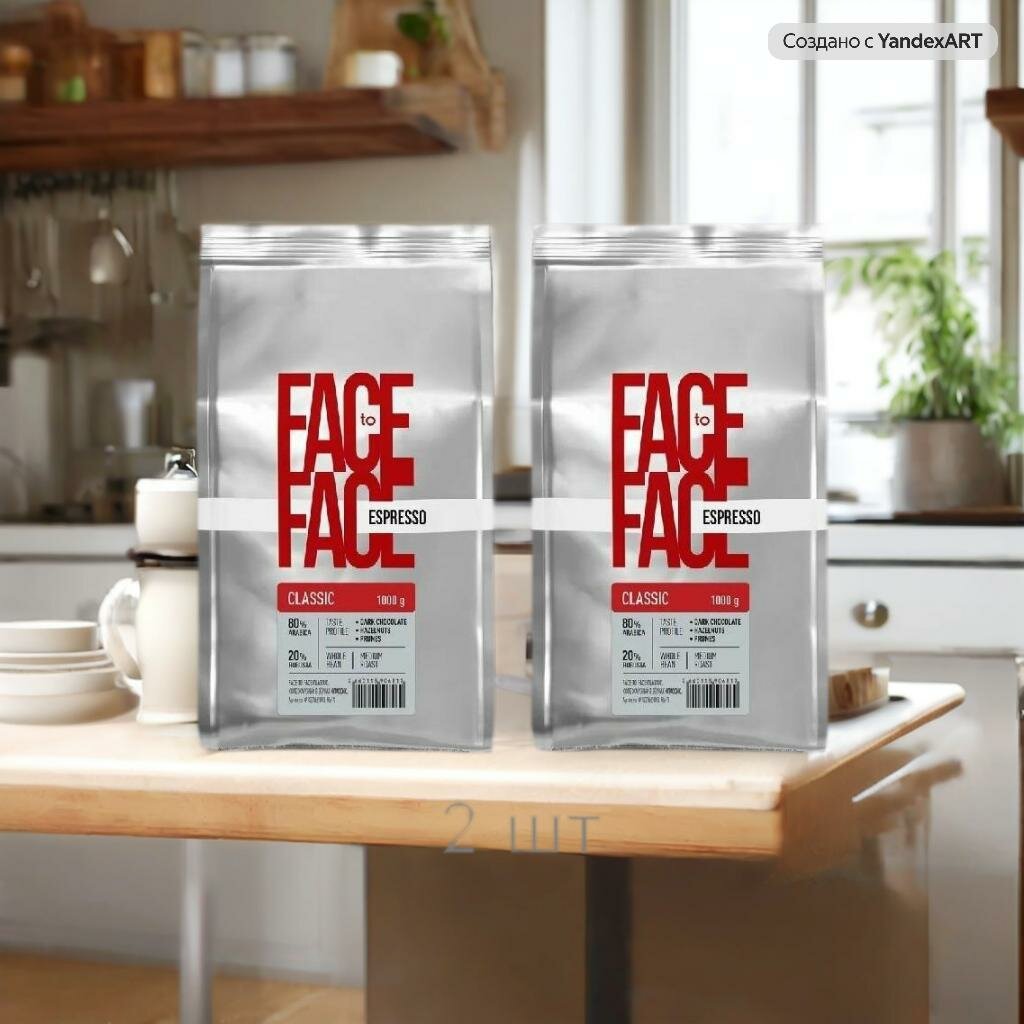 Кофе в зернах Face to Face Classic, робуста/арабика средней обжарки, 2 упаковки по 1 кг