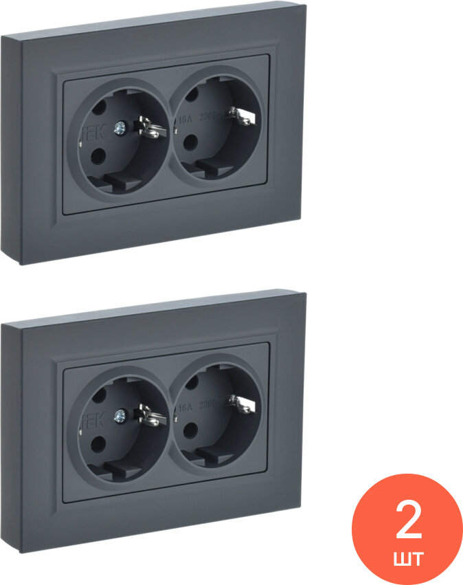 Розетка силовая штепсельная IEK / ИЭК Brite РС12-3-БрГ, 16А графит с заземлением без защитных шторок в сборе двухместная, BR-R21-16-K53-F / электрооборудование (комплект из 2 шт)