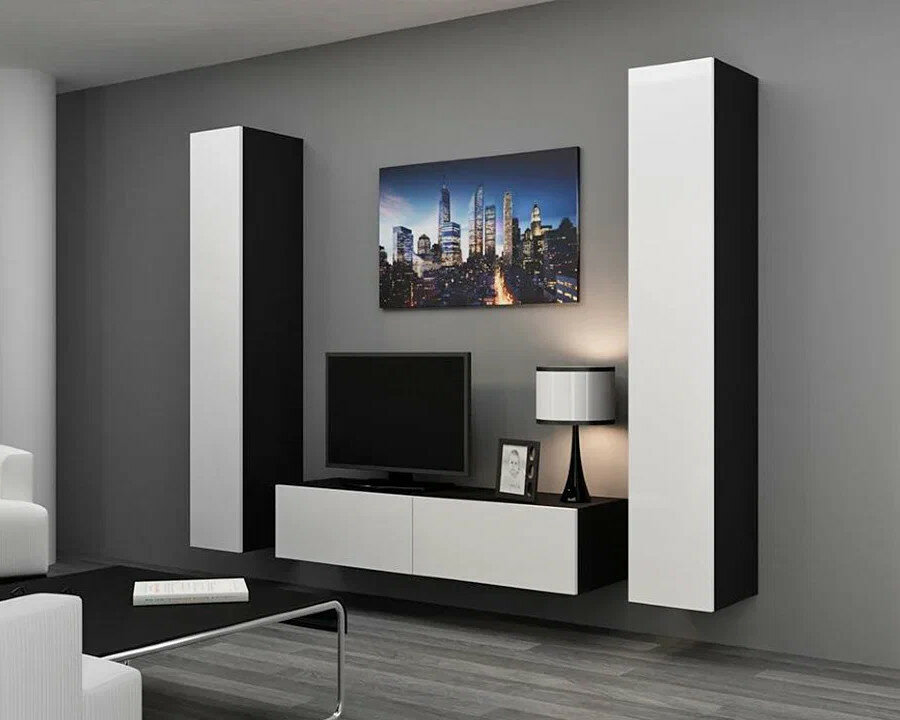 Гостиная Виго 9 МДФ Белый DM635-6 / Черный 0190 NEW 220x42x180 см, белый, черный GOODFORM