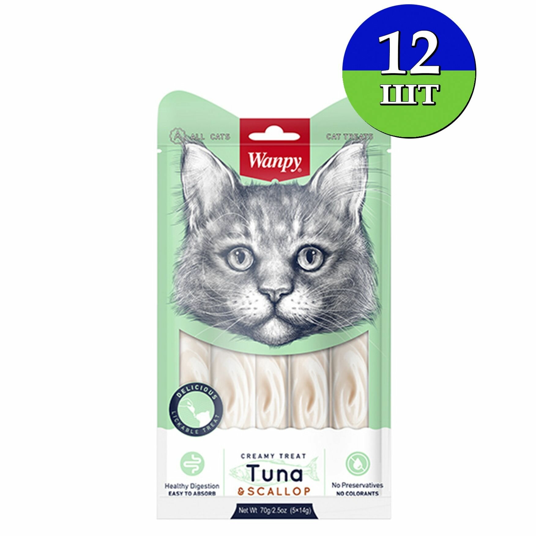 Лакомство для кошек Wanpy Нежное пюре из тунца и гребешка, 840 гр (70 гр х 12 шт)