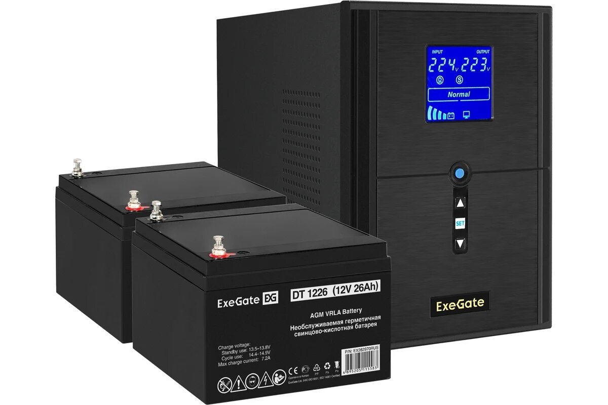 Комплект ИБП EX295989RUS + батарея 26Aч EX282970RUS 2шт (инвертор, синус, для котла) ExeGate SineTower SZ-2000. LCD. AVR.3SH.1C13. USB + батарея ExeGate DT