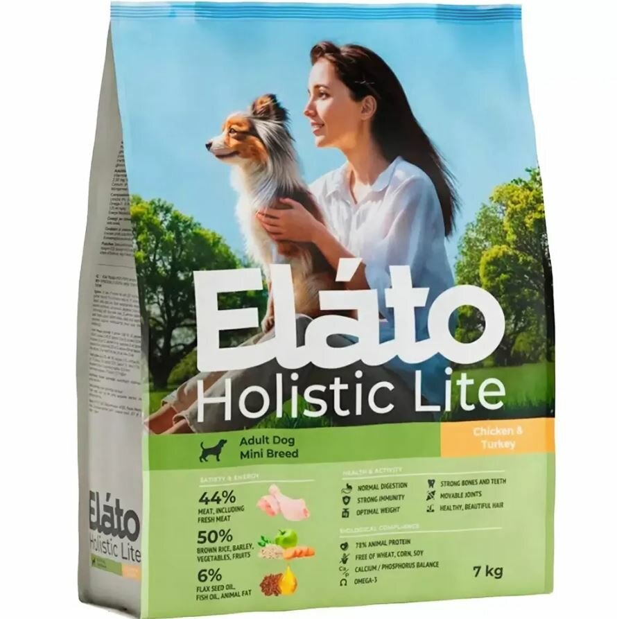 Elato_ Сухой корм Elato Holistic Lite для собак мелких пород с курицей и индейкой, 7кг
