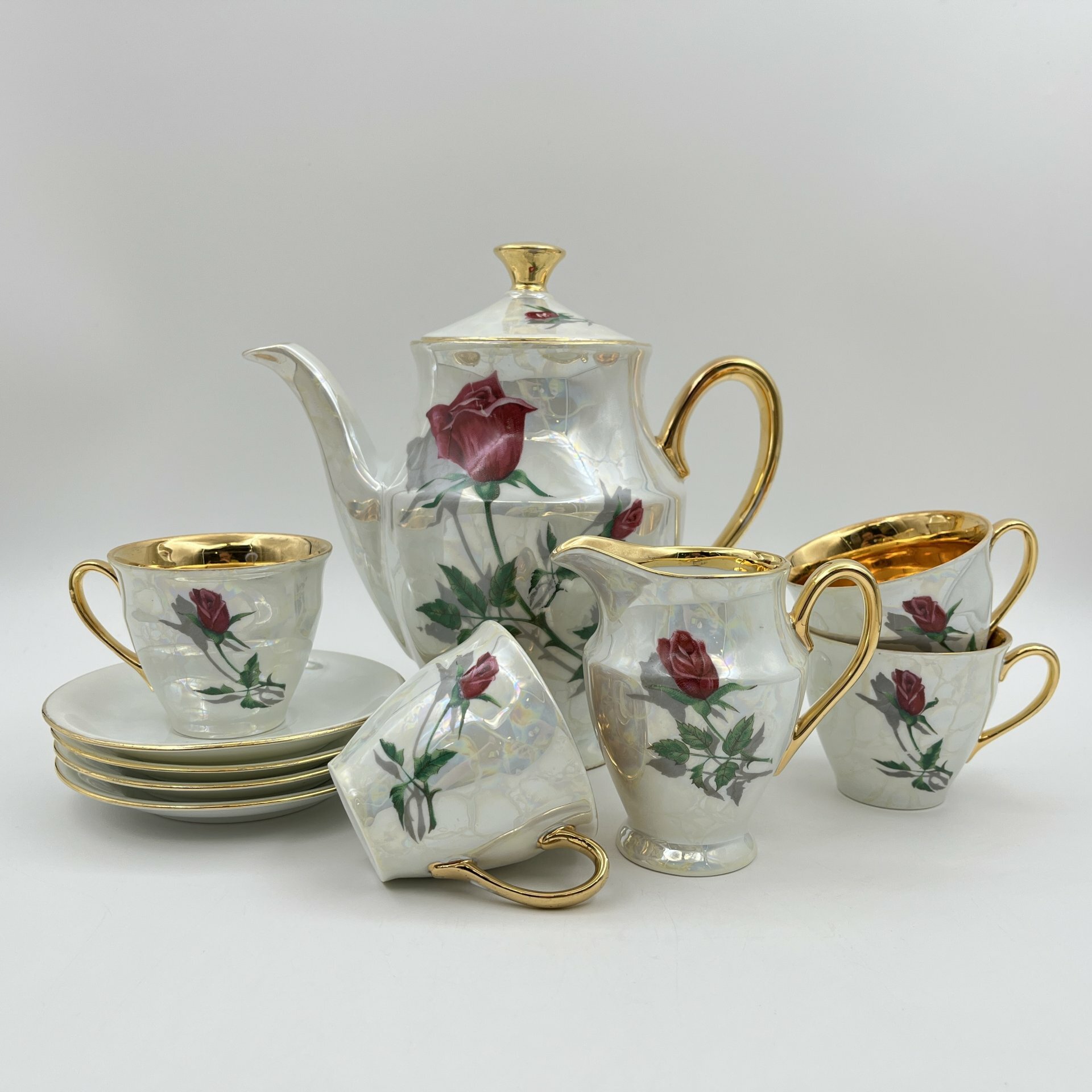 Сервиз кофейный c декором в виде роз на 4 персоны (10 предметов), фарфор, деколь
