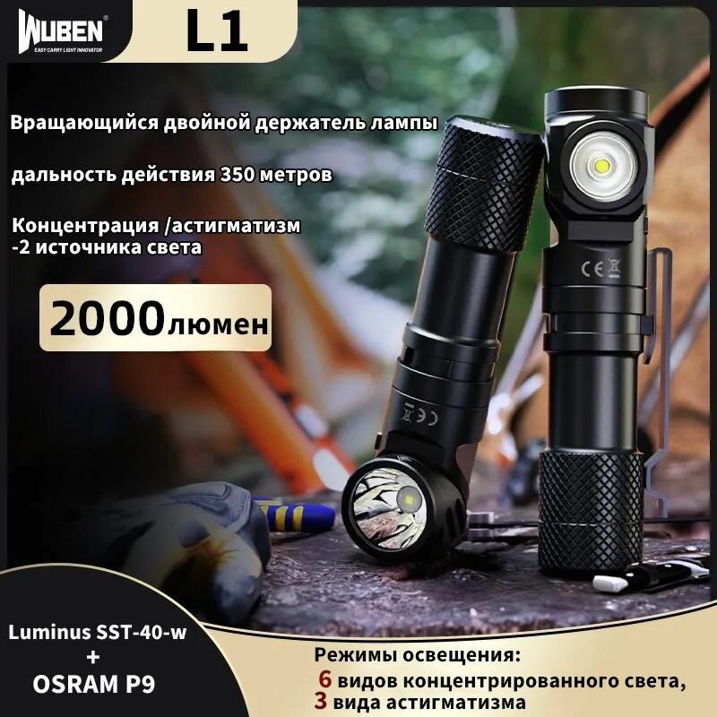 WUBEN Фонарь-прожектор, L1 2000 люмен, Вращающийся держатель лампы