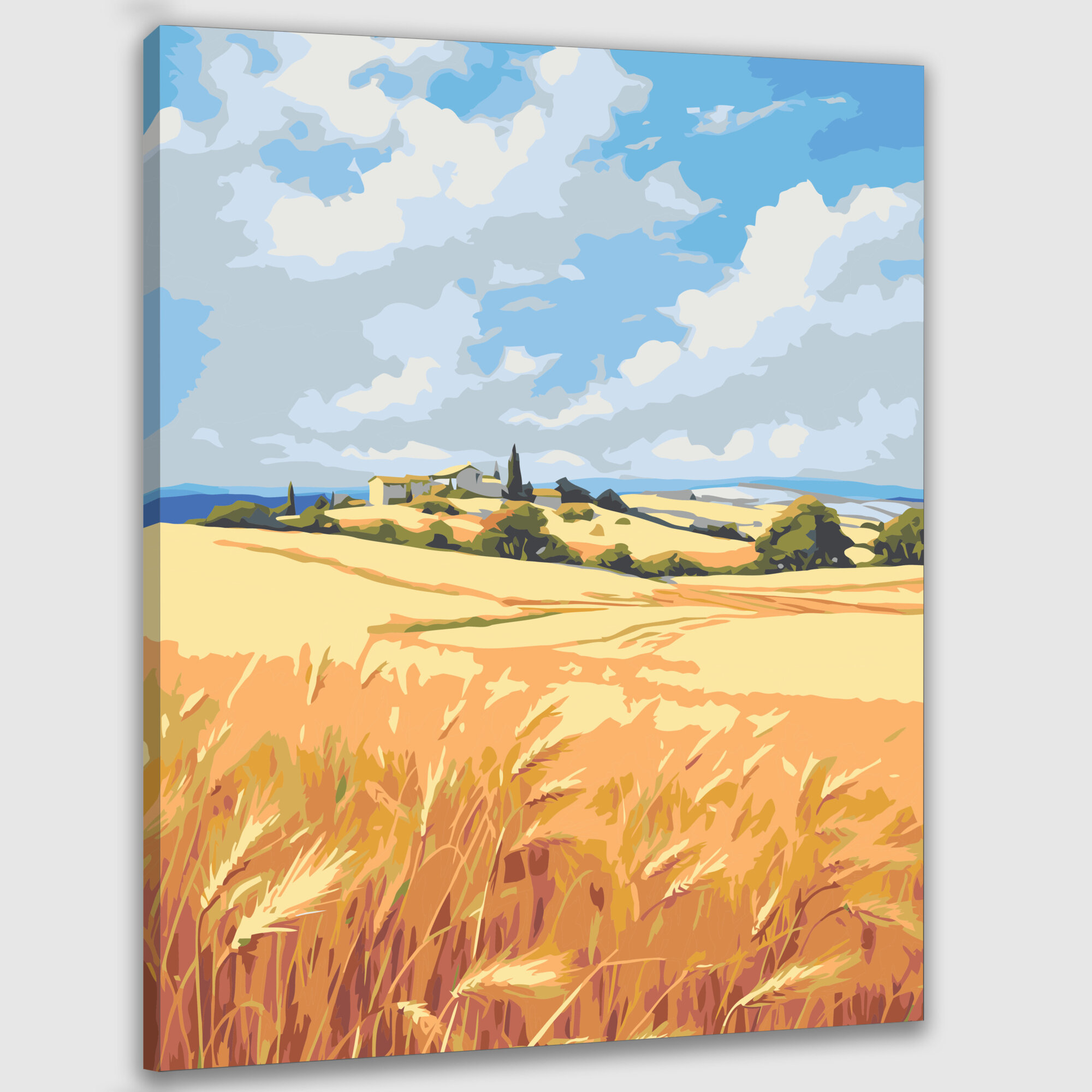 Картина по номерам 40x50 см, картина маслом, сельская местность, холмы, пшеничные поля, летний ветерок, фермерский дом