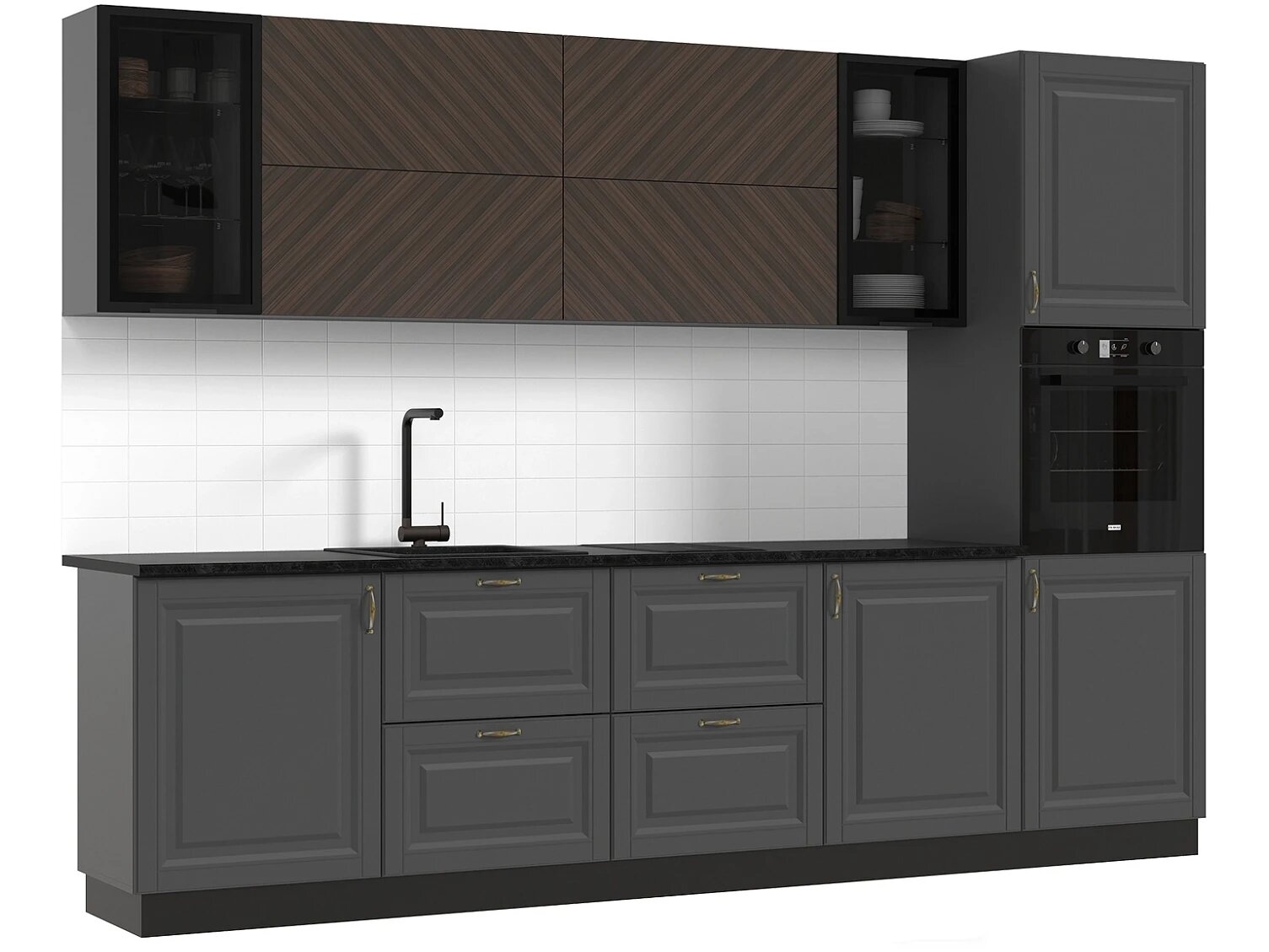 Кухня МДМ 3,0м Компоновка №1 Графит/Графит софт NEW/Прайм орех