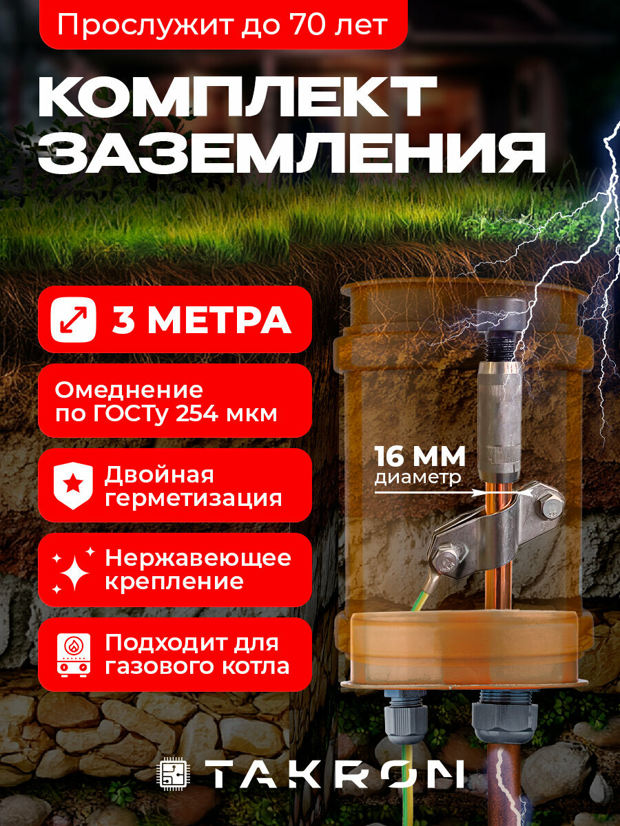 Заземление комплект для дома 3 метра омедненная сталь 16мм TAKRON