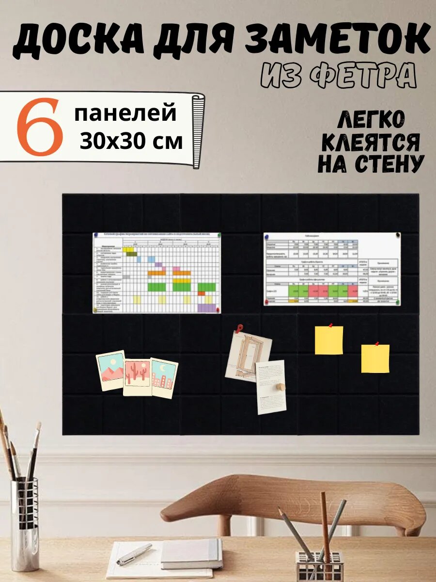 Доски для заметок SHAM TO SHOP, фетровые, 6шт, 30x30см, настенные, черные