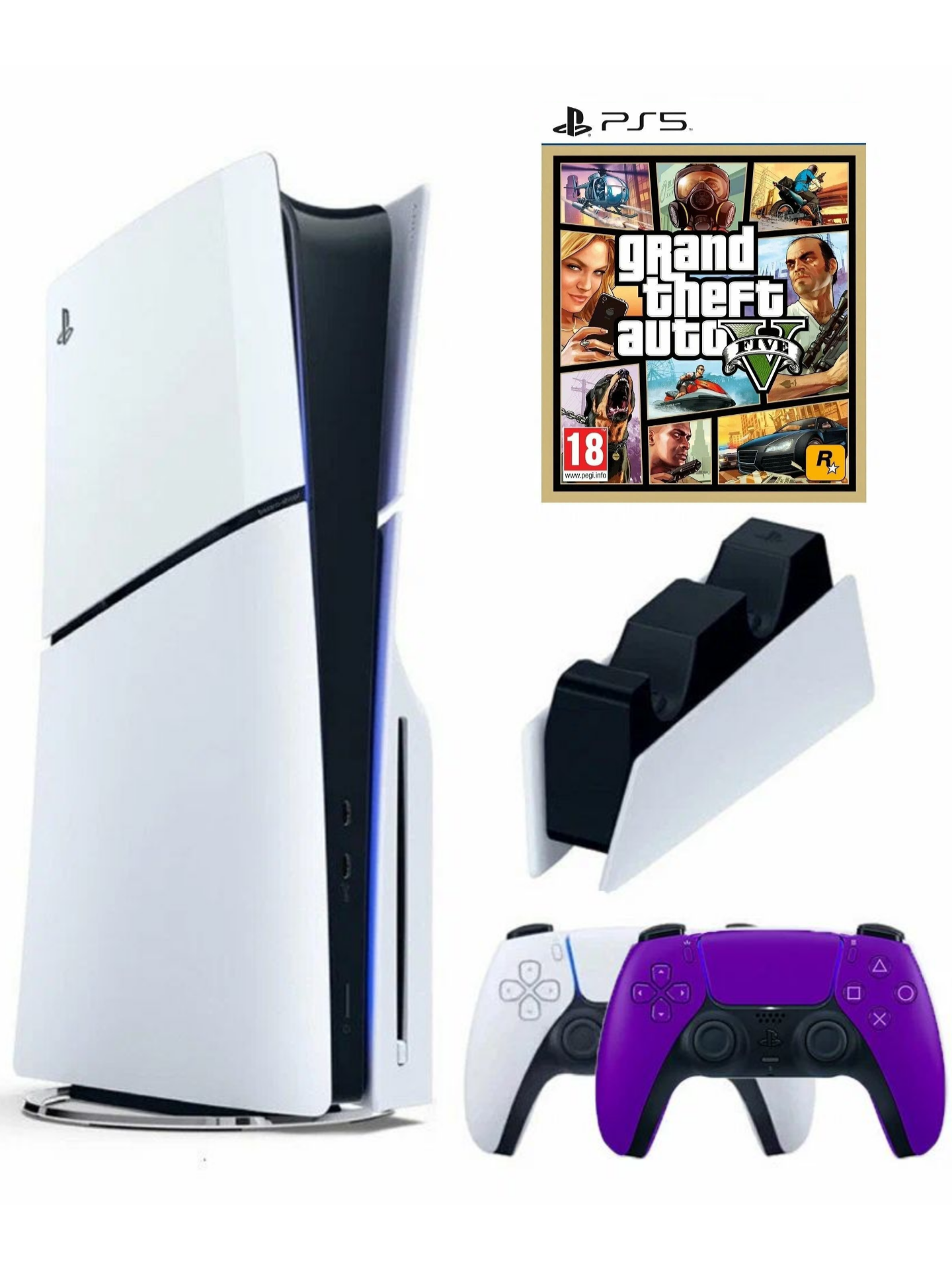 PS5 (ПС5) Игровая приставка Sony PlayStation 5 Slim + 2-й геймпад(фиолетовый) + зарядное+ игра GTA5