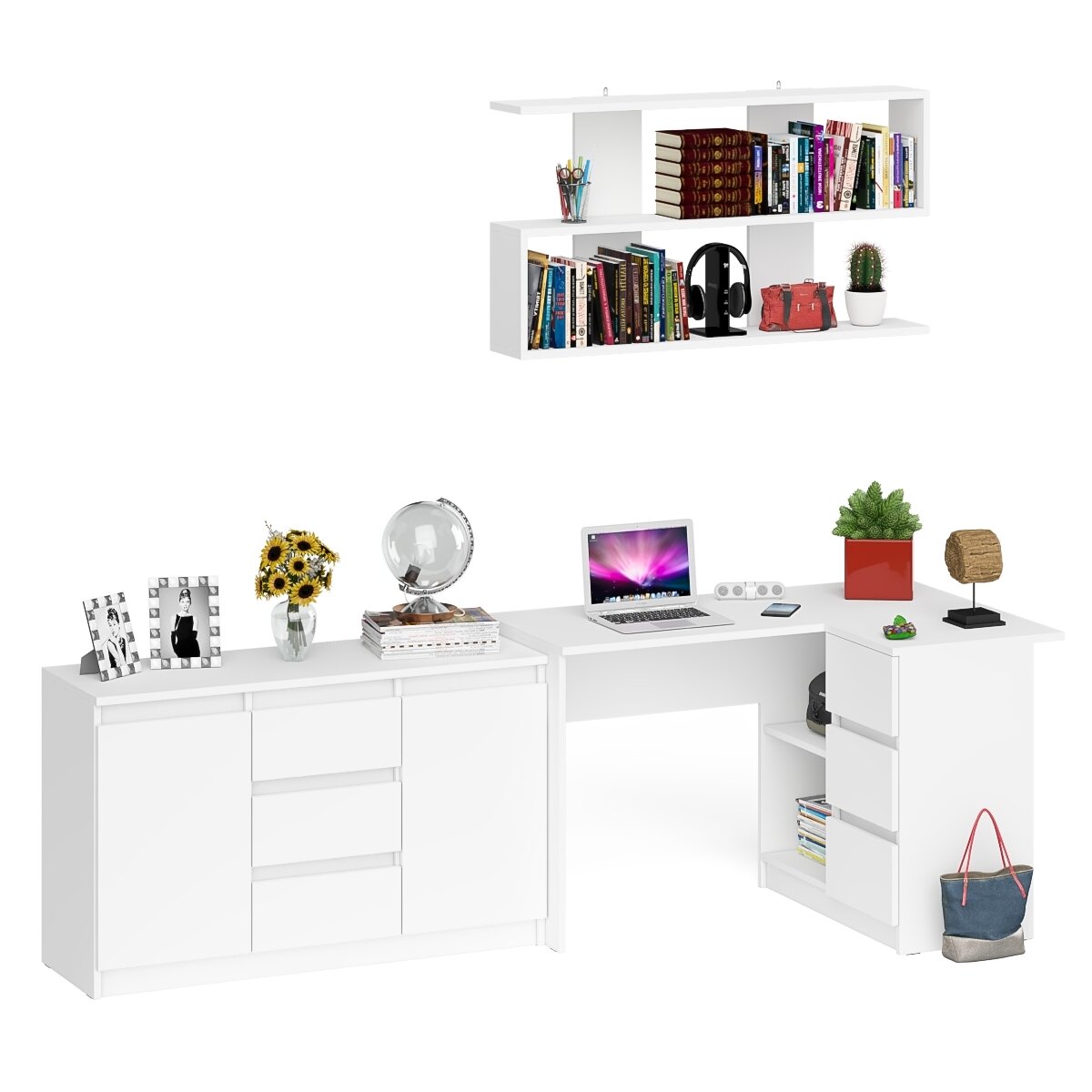 Стол компьютерный угловой Мори МС-16 правый с навесной полкой и тумбой белый, 244,8х84,9х209,6 см