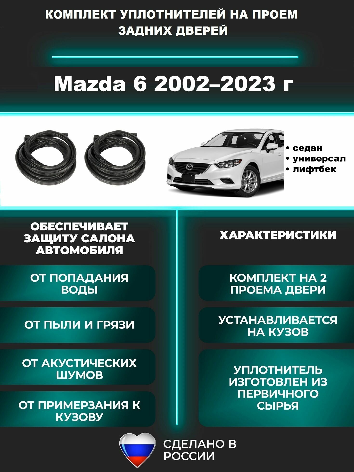 Комплект уплотнителей проема задних дверей Mazda 6 2002-2023 г GC, GH, GJ, Мазда 6, 2 шт