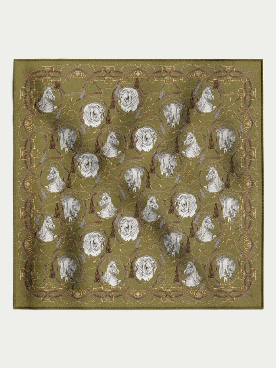 Ткань Шёлк оливкового цвета с принтом лошади 46822