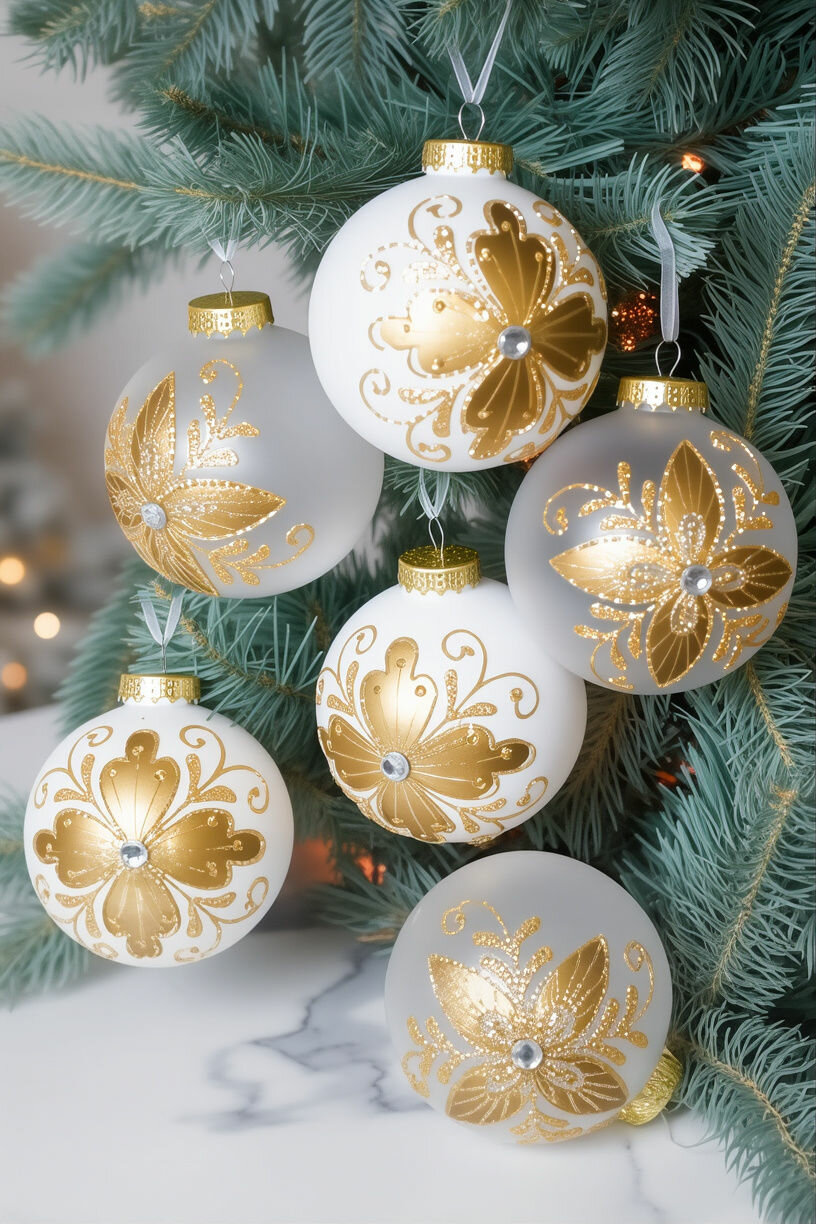 Набор ёлочных ПЭТ шаров златые узоры, белый, 10 см, 6 шт, Winter Deco 1000953