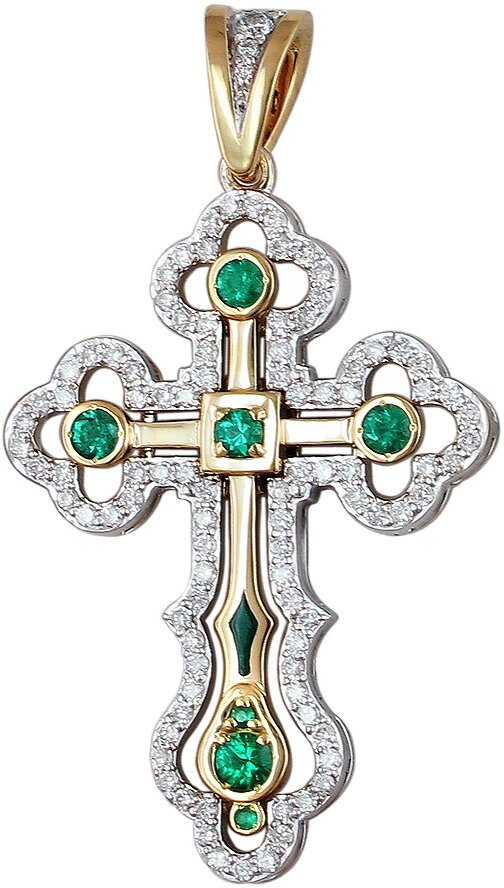 Крестик, комбинированное золото, 750 проба, бриллиант, изумруд, эмаль