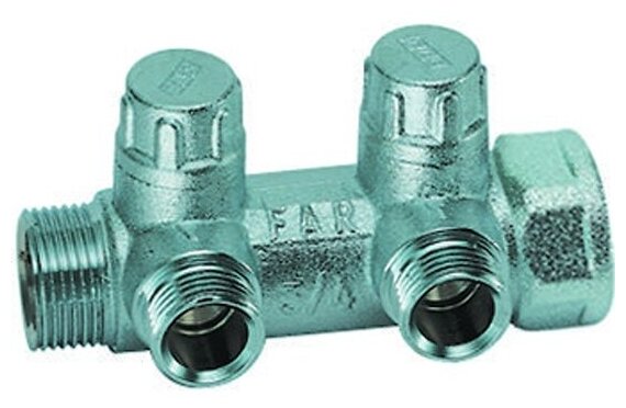 Коллектор Far 3/4" запорный проходной (ВР-НР) с 2 отв. 1/2" НР (межосев. 45 мм), плоск. присоед.
