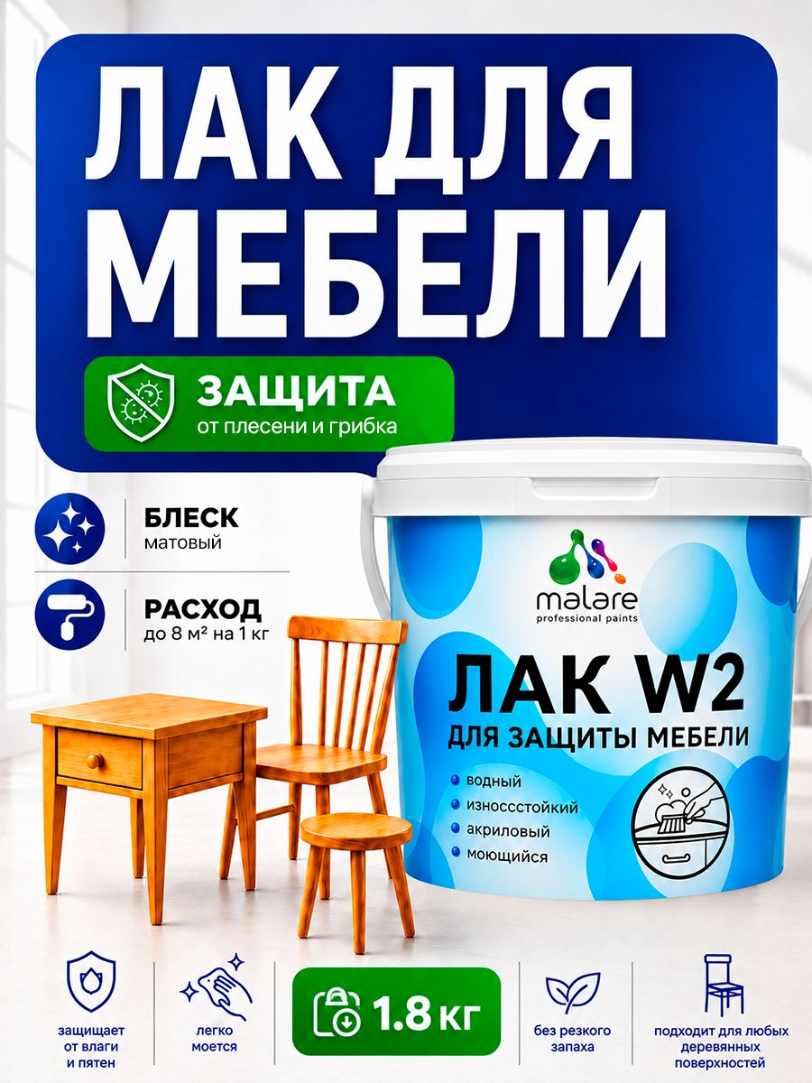 Моющийся лак для мебели Malare для кухонных фасадов, для дерева и минеральных поверхностей, акриловый быстросохнущий без запаха, прозрачный, матовый, 1.8 кг