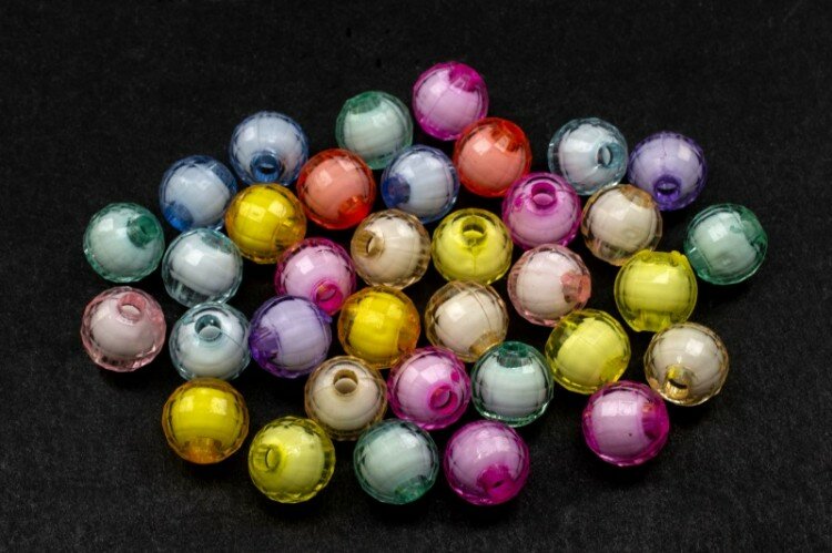 Бусины акриловые круглые граненые 8мм, отверстие 2мм, ассорти цветов, 540-328, 10г (около 38шт)