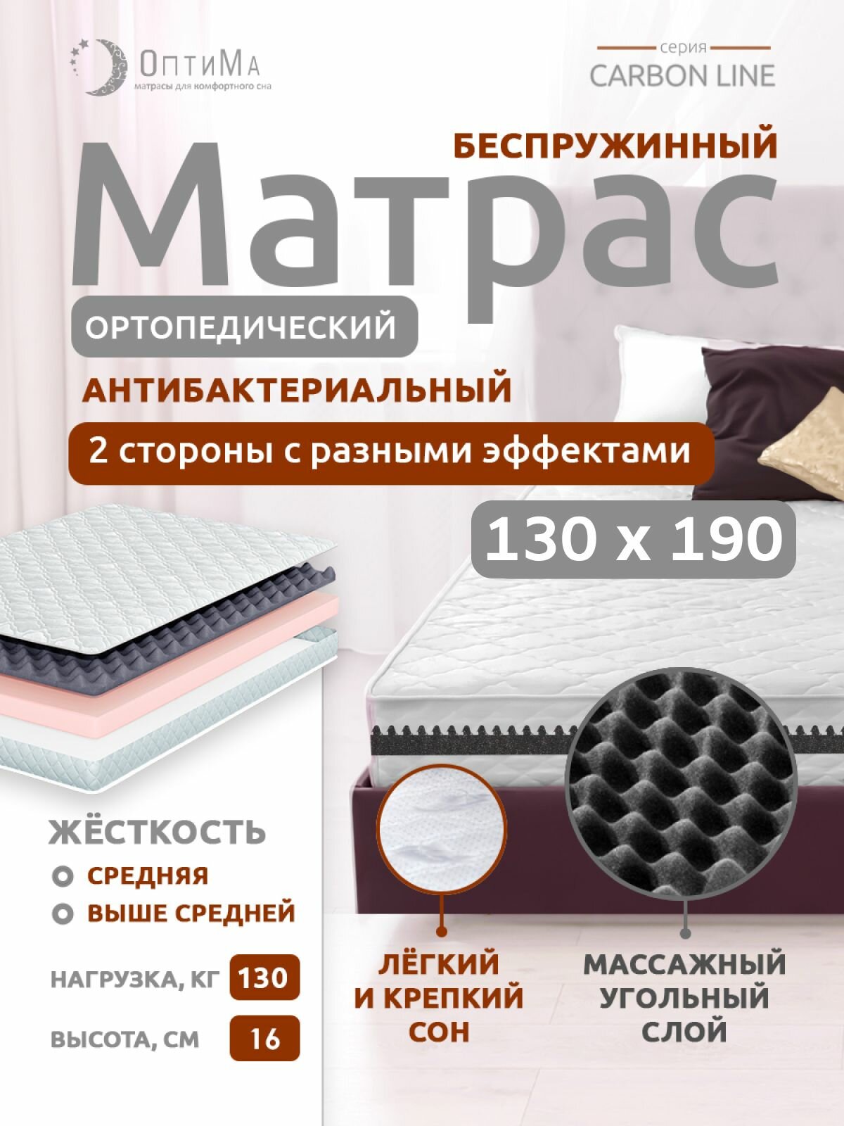 Матрас 130х190 см, ОптиМа, Ортопедический, Беспружинный, высота 16 см, с массажным эффектом